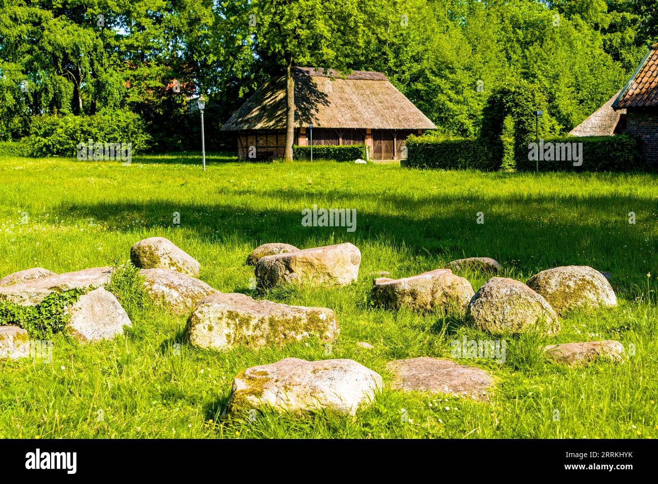 typical for the region rural buildings with reed roofing, in the ...
