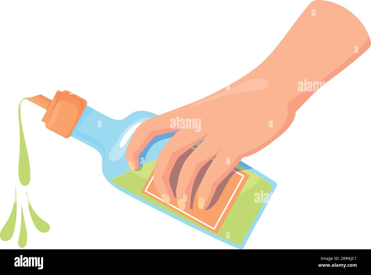 Pouring oil from glass bottle. Hand seasoning salad isolated on white ...