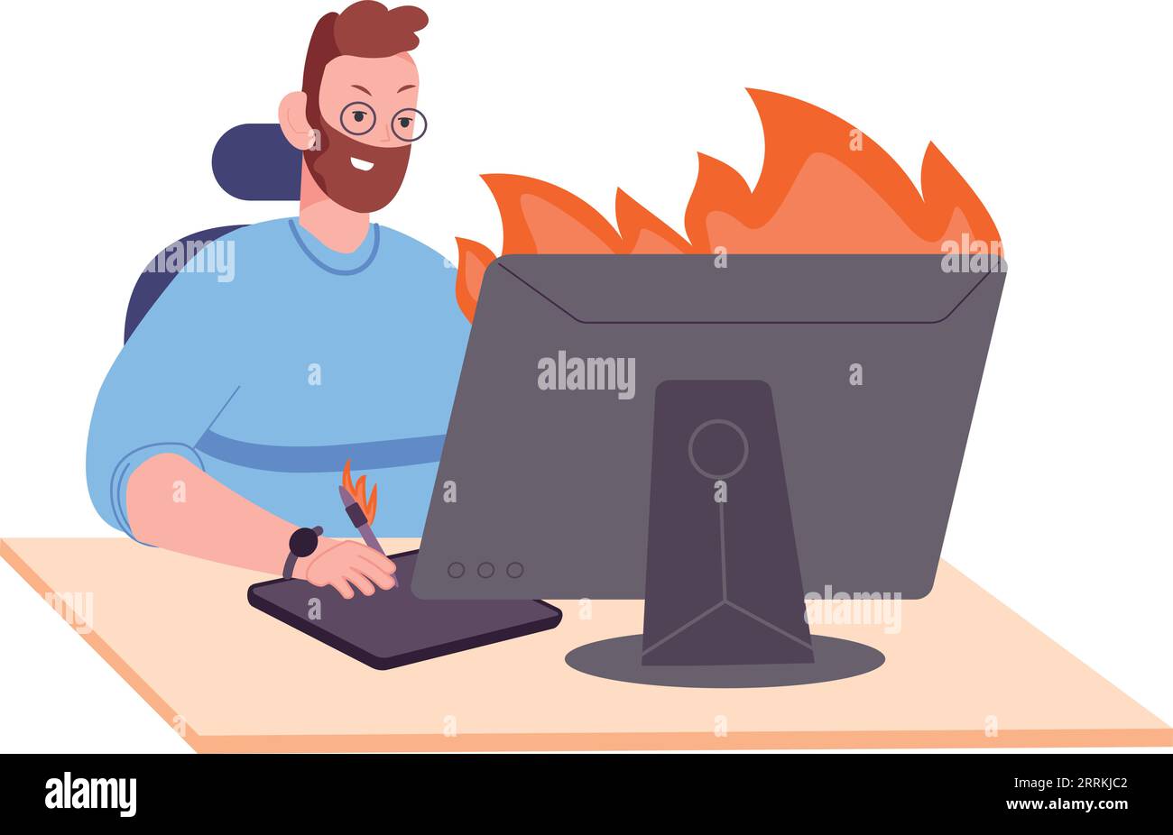 Deadline job. Man working on burning computer isolated on white ...