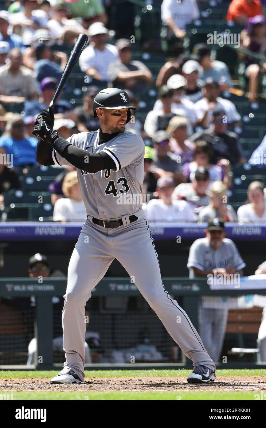 Chicago White Sox center fielder Trayce Thompson (43) waits for the ...