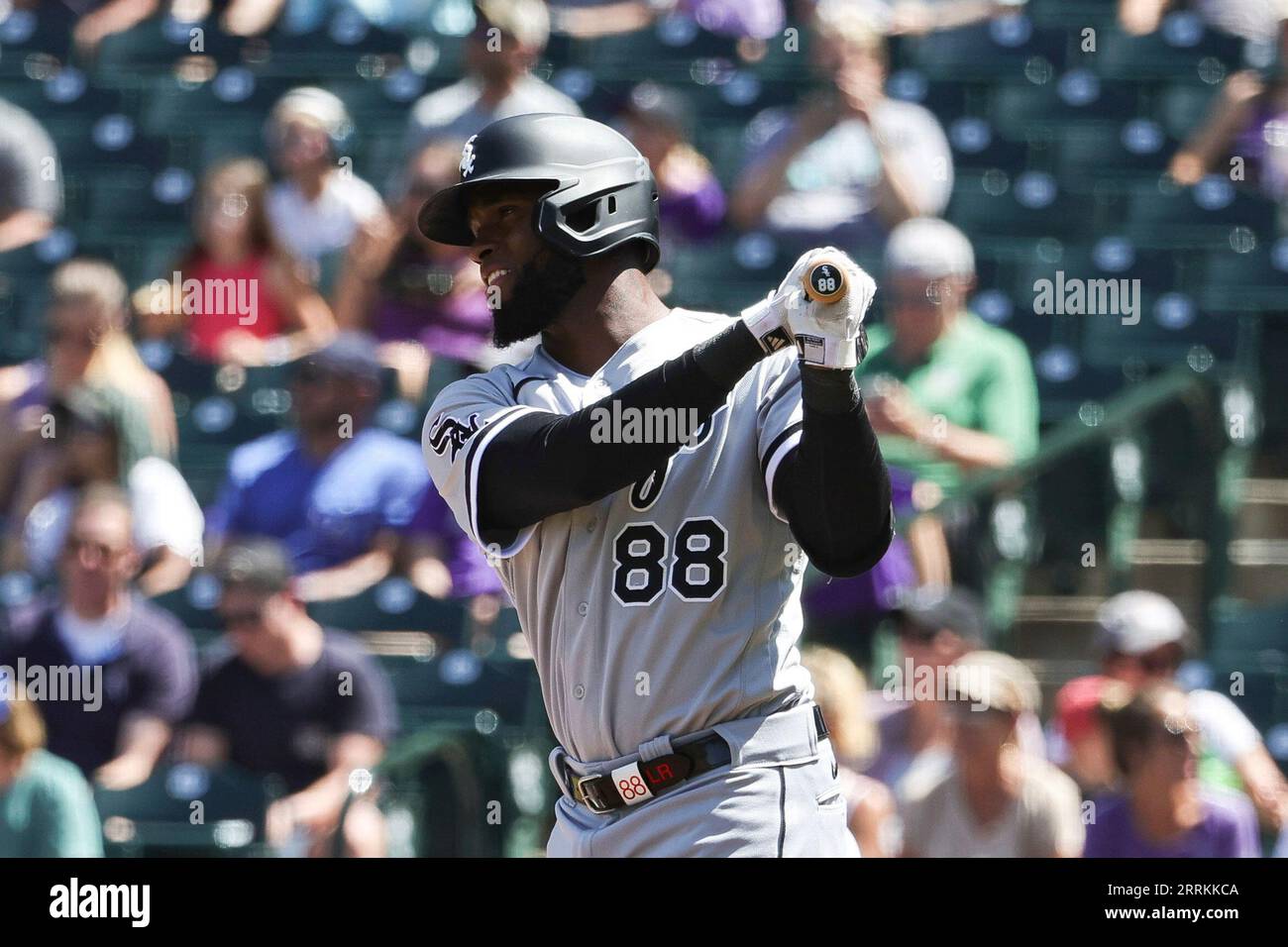 Chicago White Sox center fielder Luis Robert Jr. (88) prepares for the game against the Colorado ...