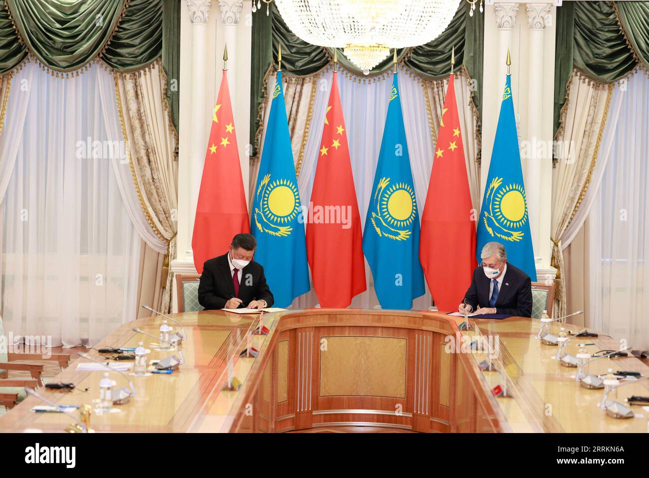 220914 -- NUR-SULTAN, Sept. 14, 2022 -- Chinese President Xi Jinping and Kazakh President Kassym ...