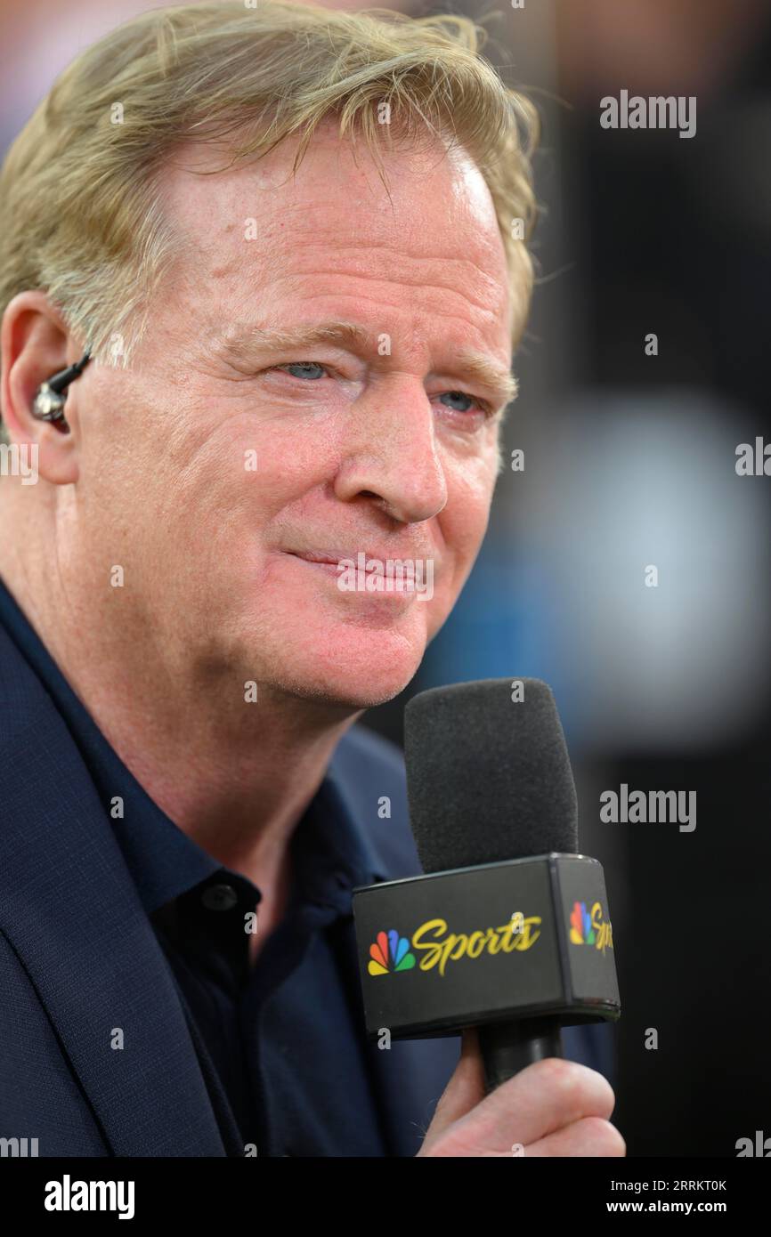 NFL commissioner Roger Goodell, left, gives a television interview ...