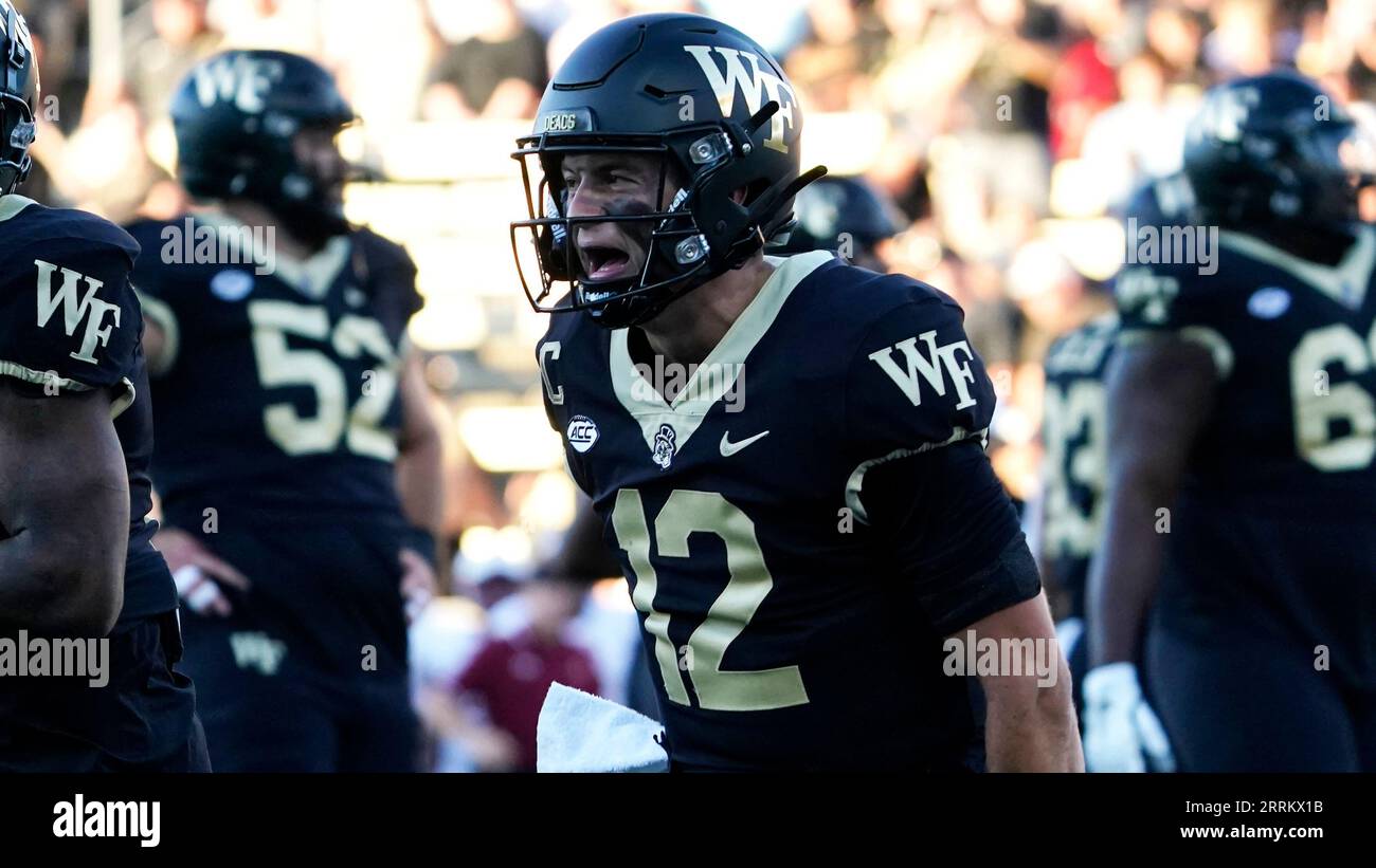 Wake Forest quarterback Mitch Griffis (12) celebrates his touchdown ...