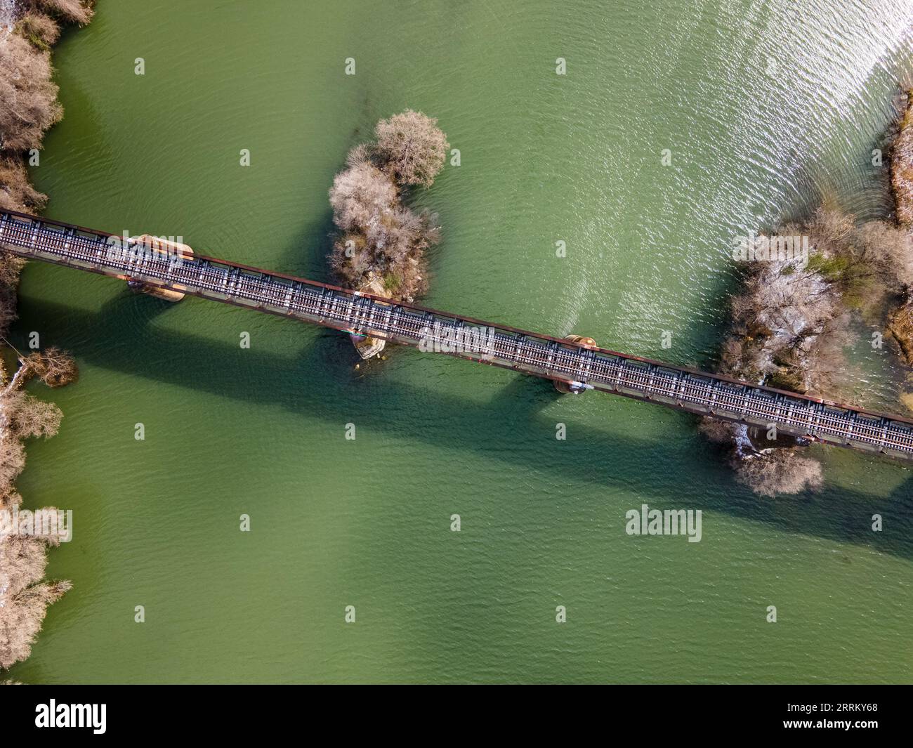 An aerial view of a freeway bridge crossing over a river in Texas Stock ...