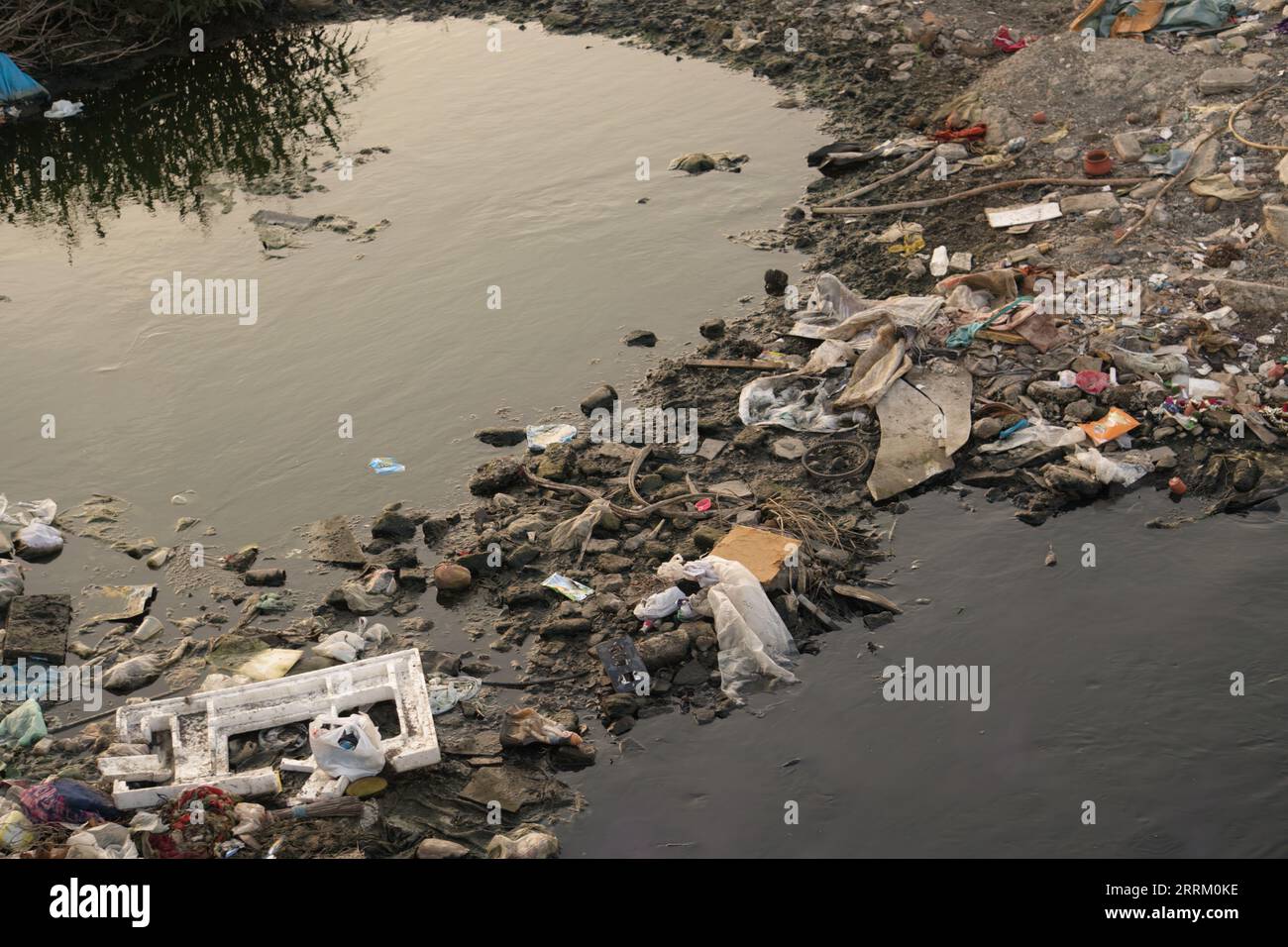 Rajkot, India. 8th September, 2023. The contaminated water of Aji river ...