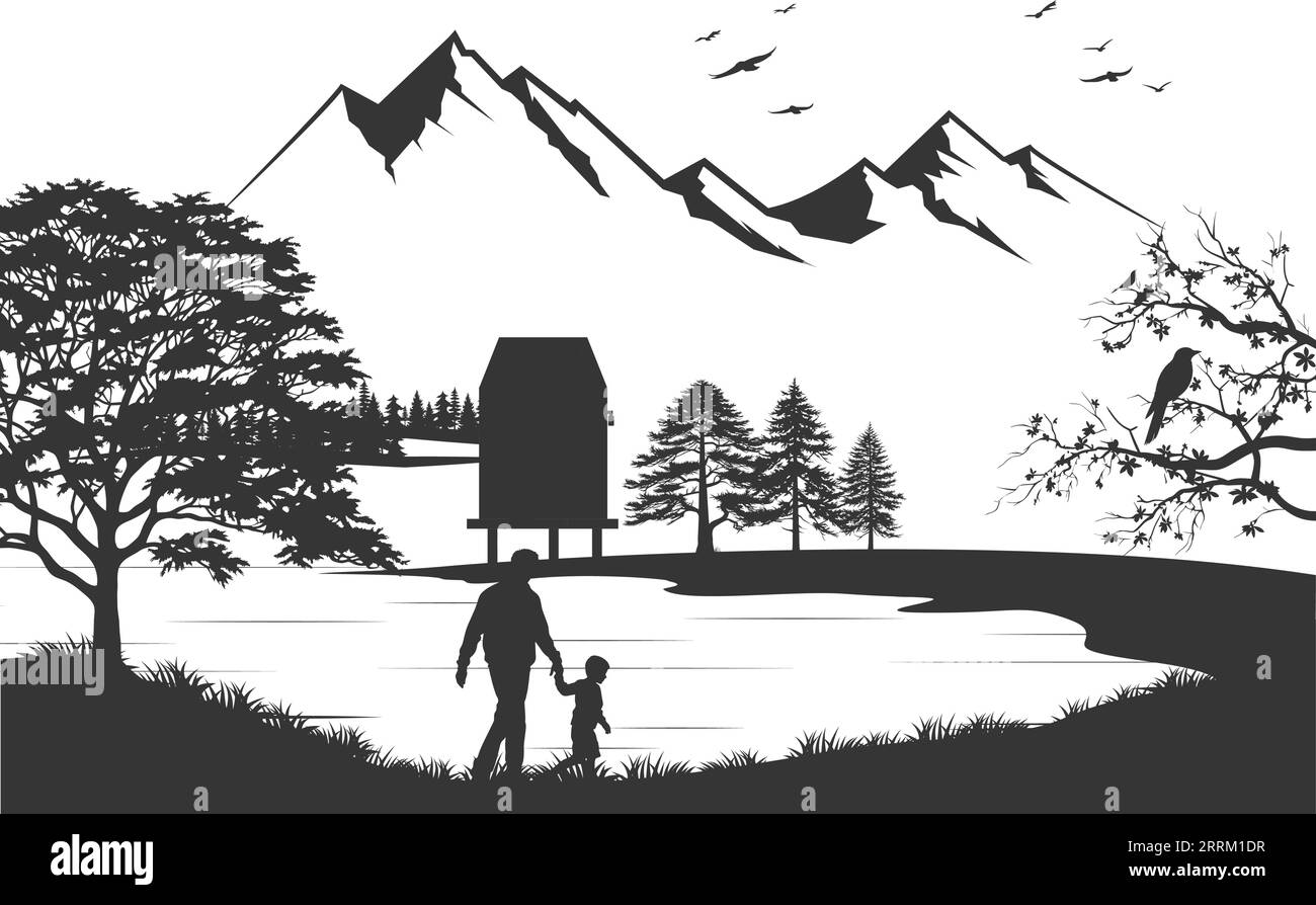 Family in nature hikes adventure silhouette. Vector happy hikers people ...