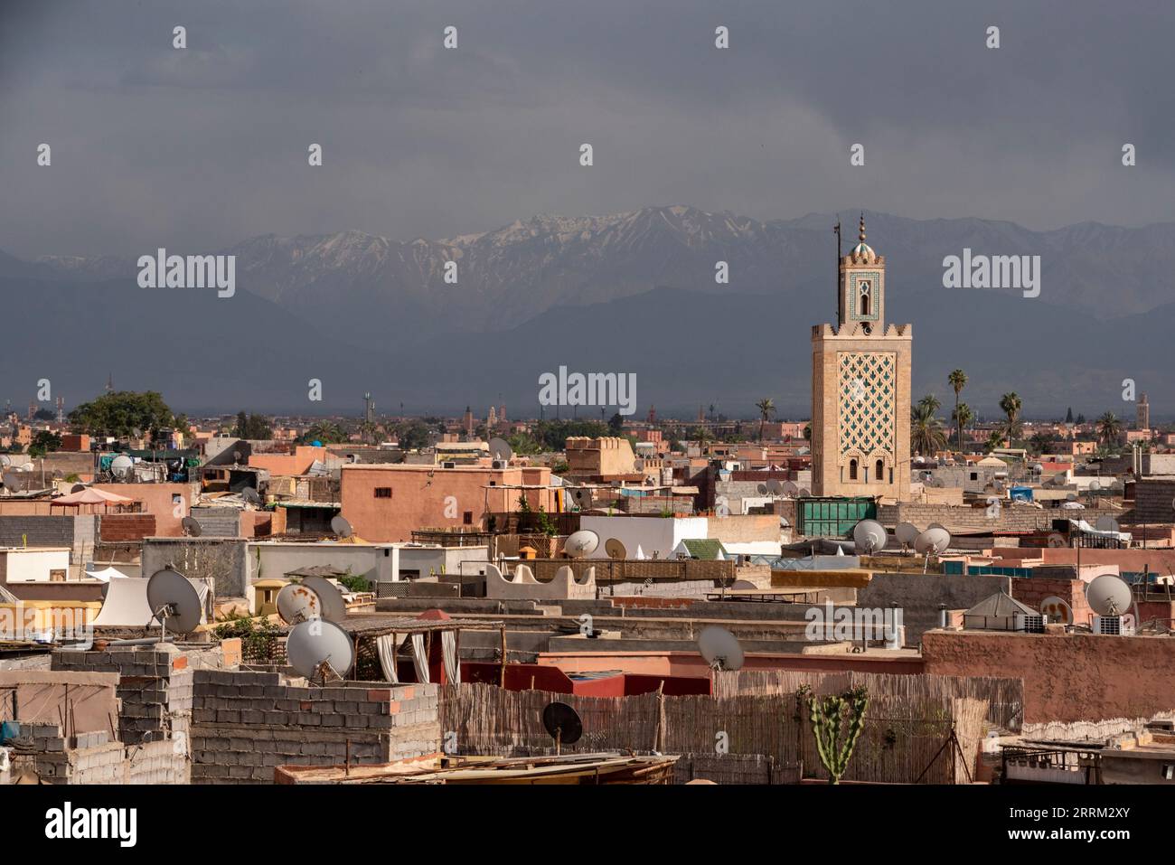 Scenic view of the Marrakech medina and the Atlas mountains in the ...