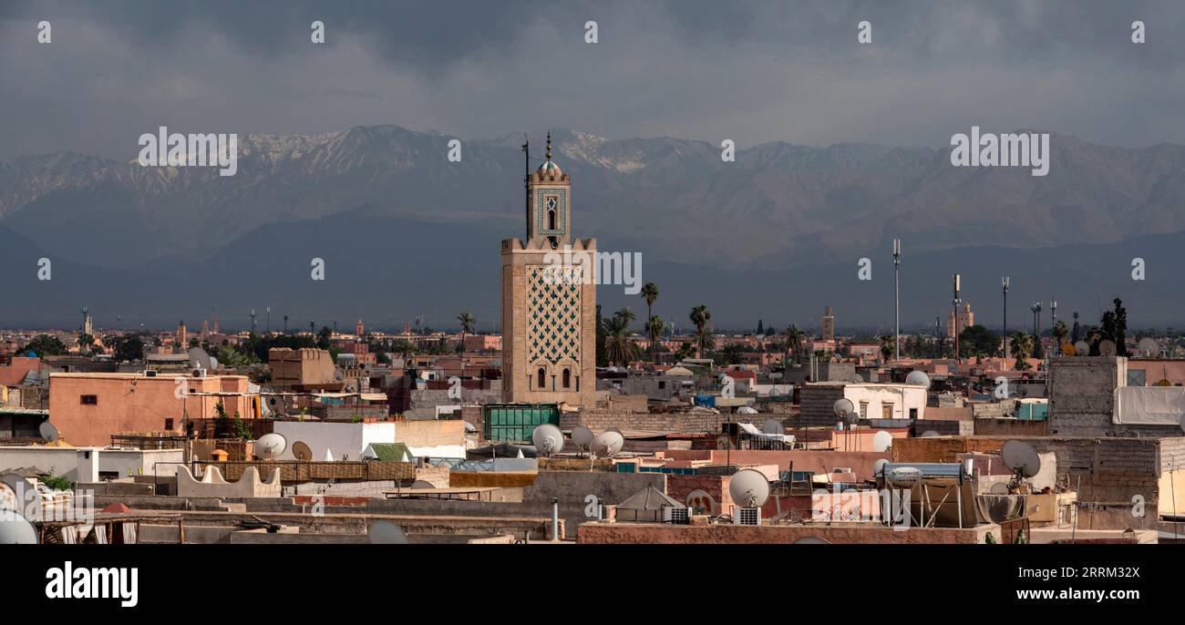 Scenic view of the Marrakech medina and the Atlas mountains in the ...