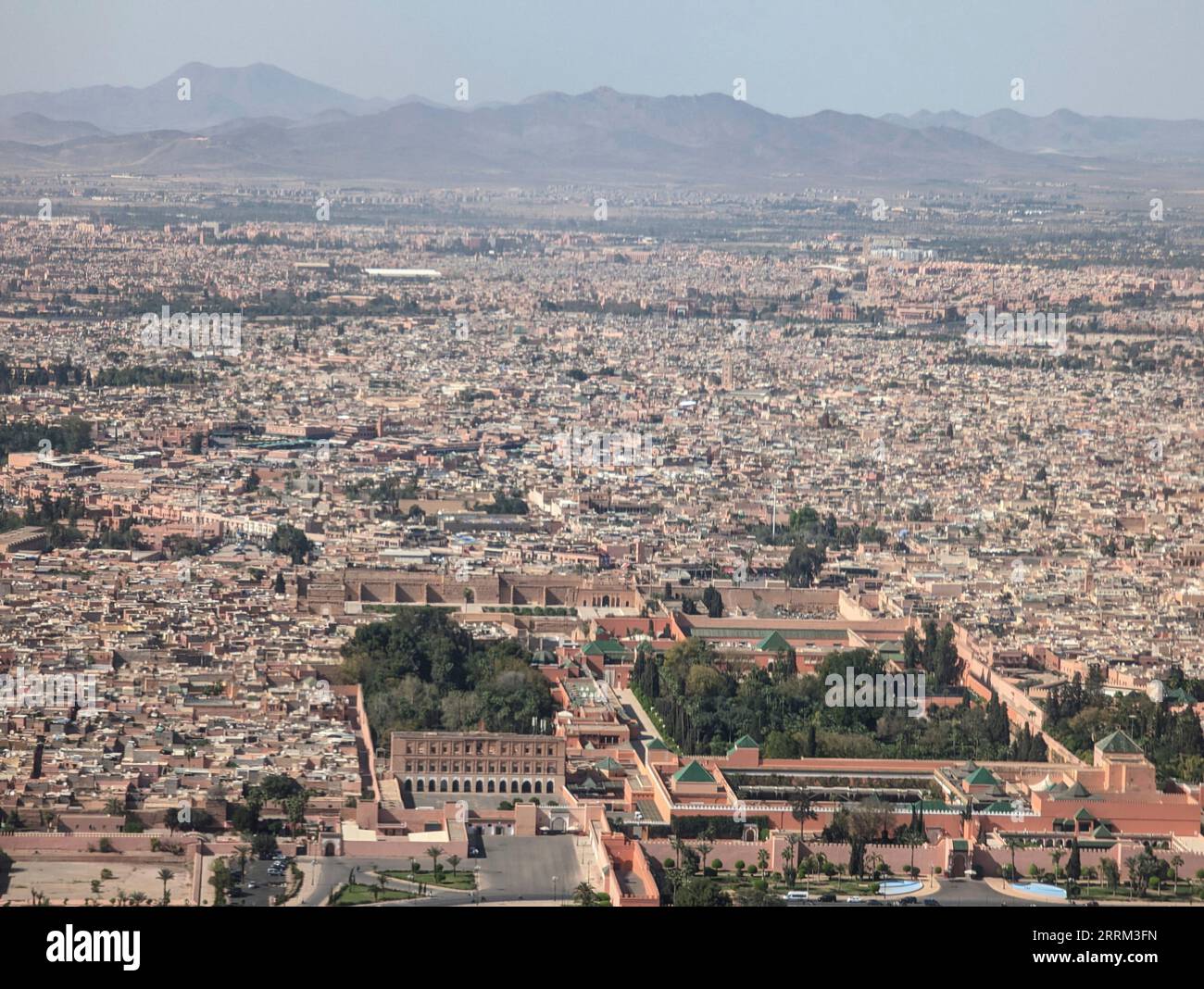 Aerial view of the Moroccan landscape and Marrakesh seen from an ...