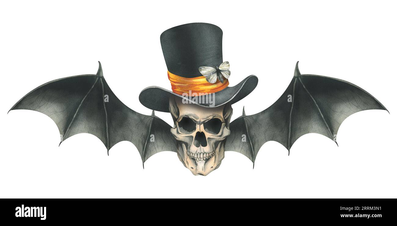 Side view human skull in black top hat with orange satin ribbon with ...