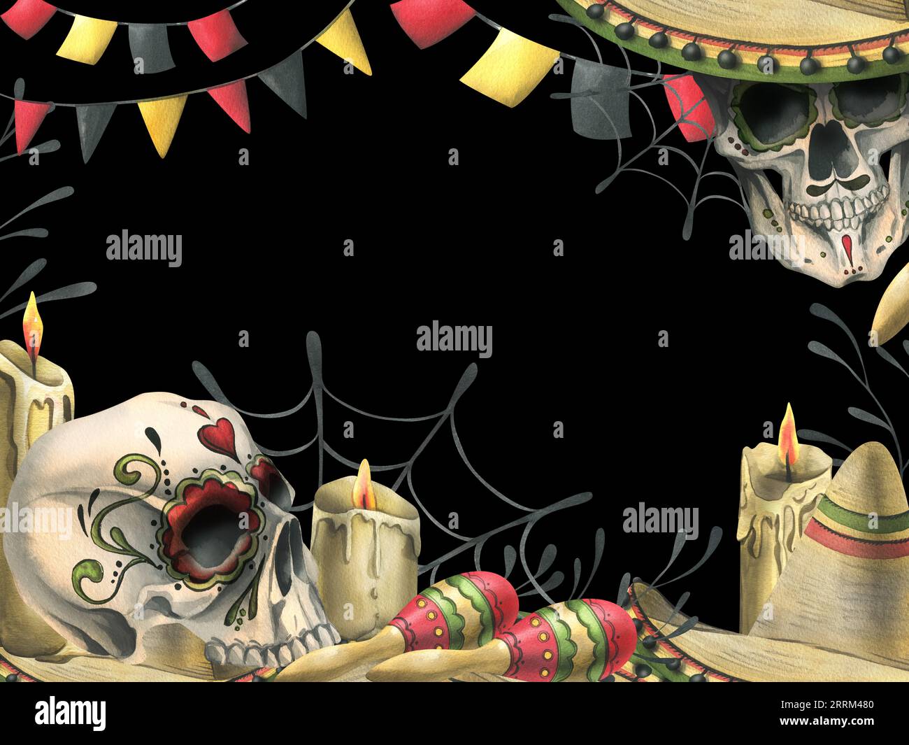 Human skulls with a sombrero hat, maracas, garland flags, candles and ...