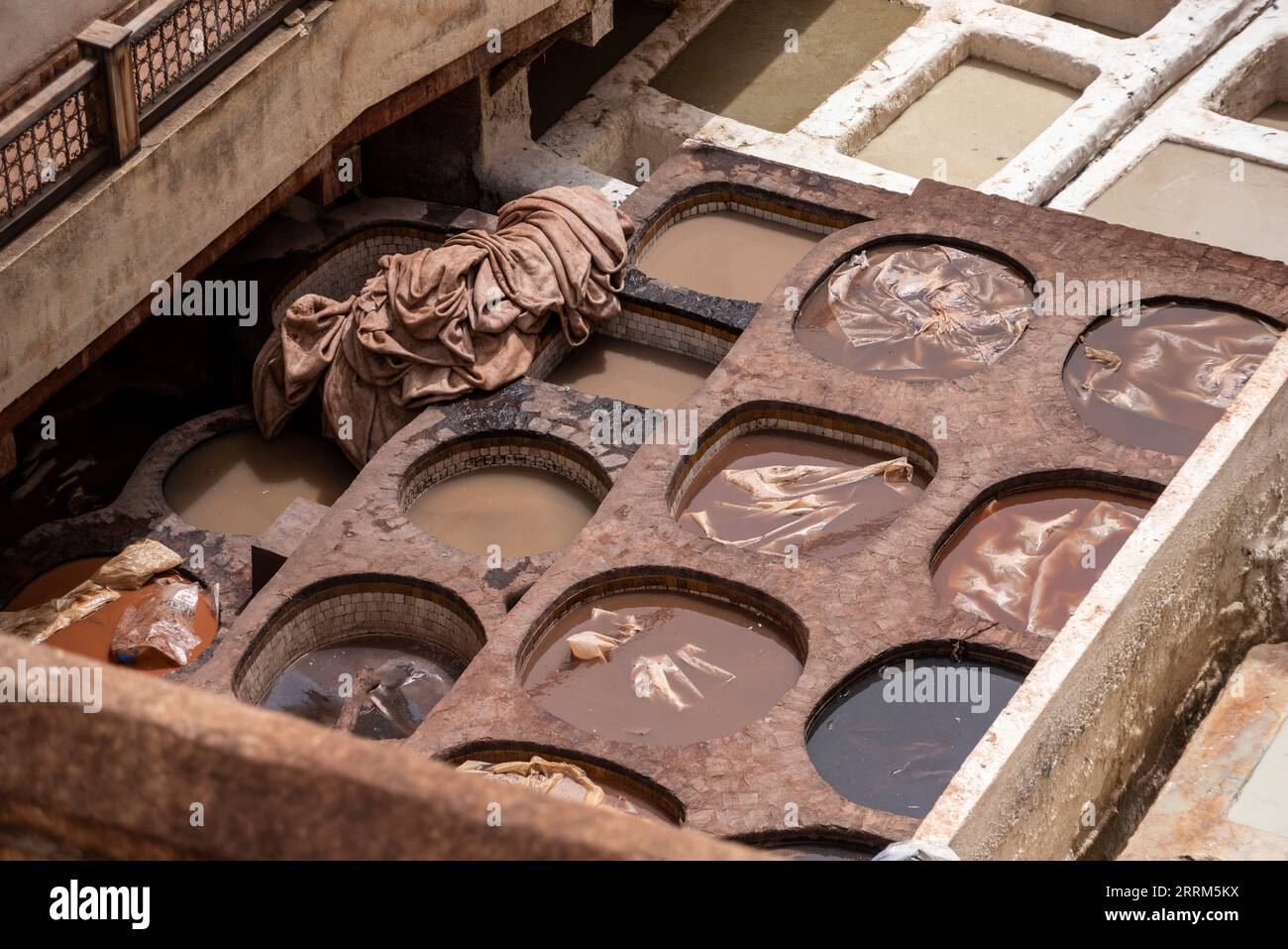 Fes, Morocco, Famous tannery in the medina of Fes, where leather is ...