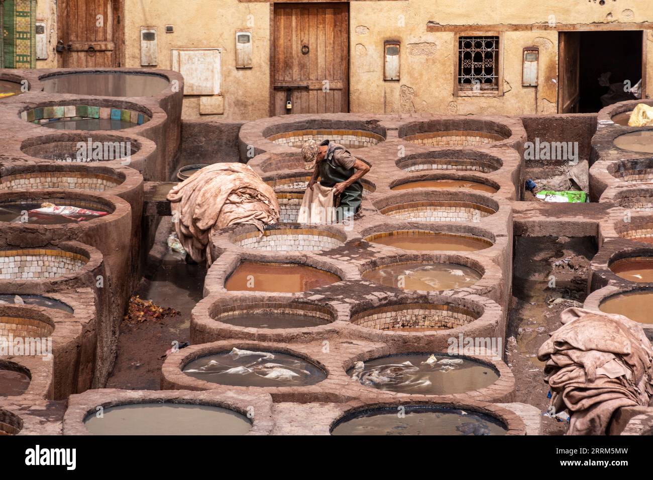 Fes, Morocco, Famous tannery in the medina of Fes, where leather is ...