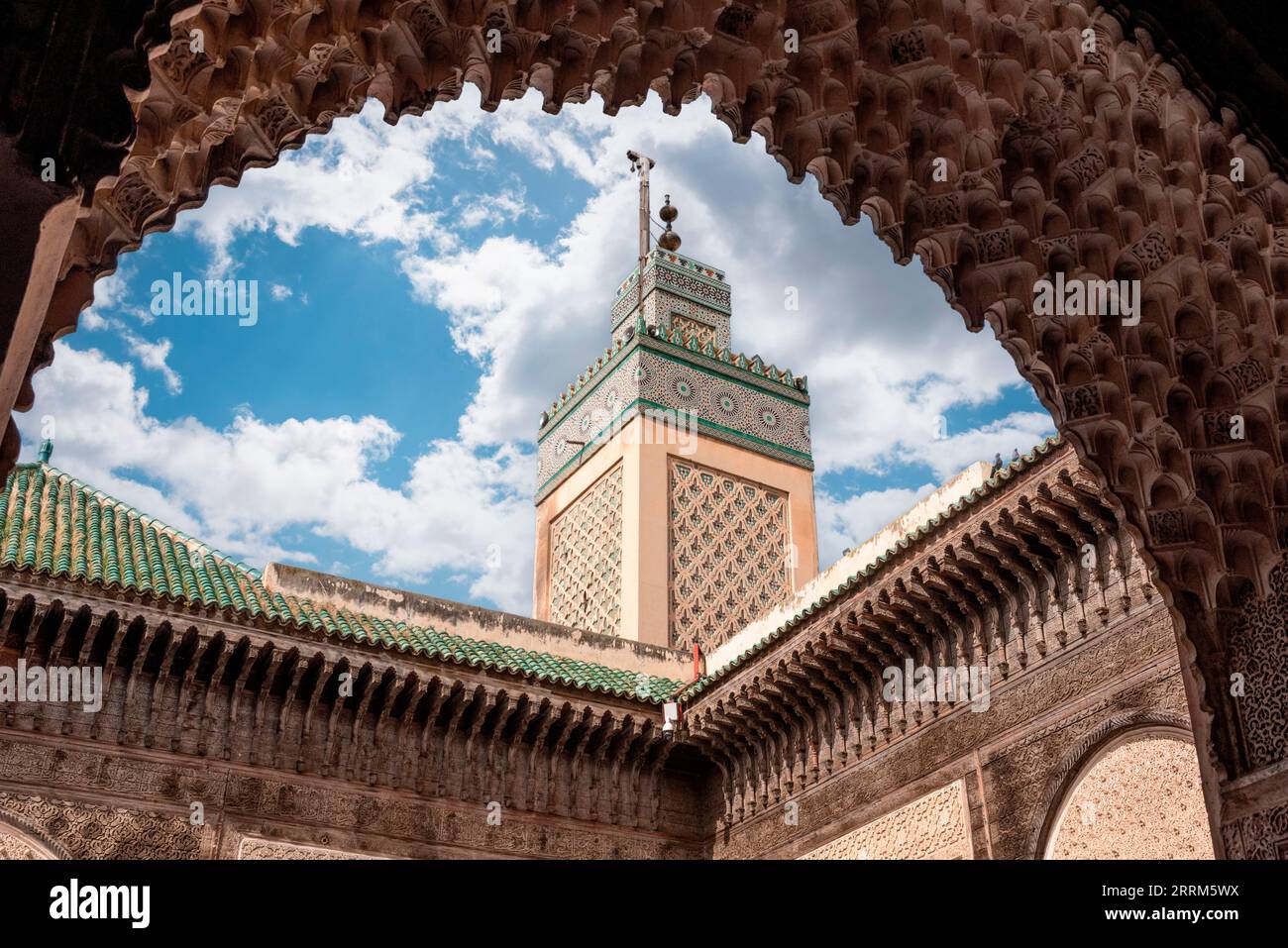 Fes, Morocco, Traditional oriental facade at the courtyard of madrasa ...