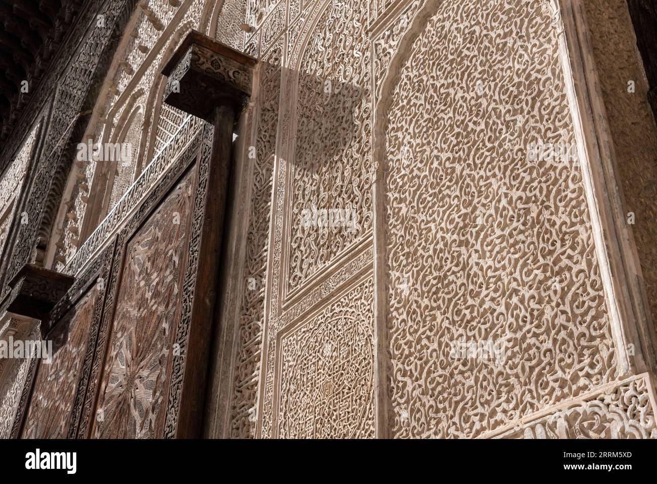 Fes, Morocco, Traditional oriental facade at the courtyard of madrasa ...