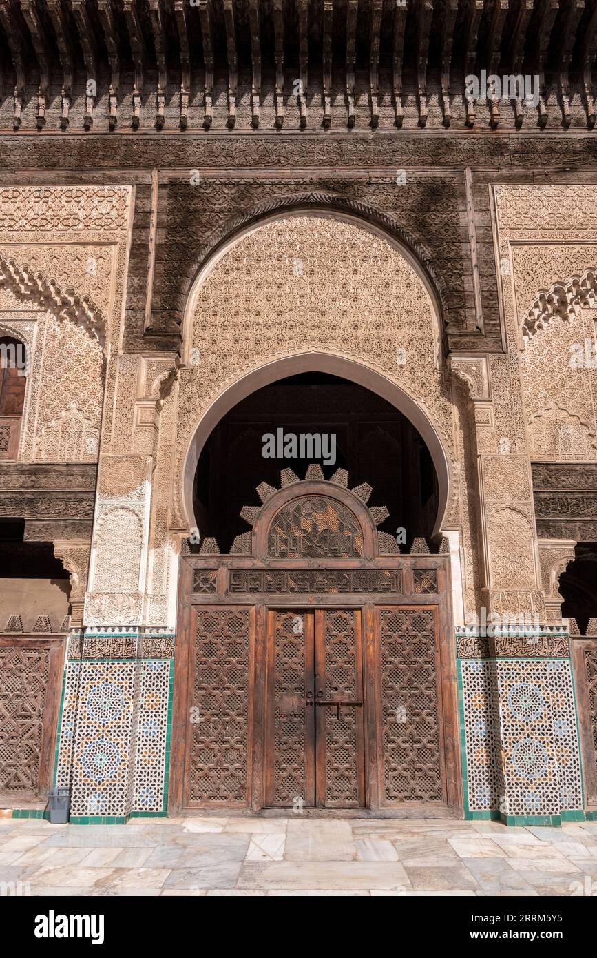 Fes, Morocco, Traditional oriental facade at the courtyard of madrasa ...