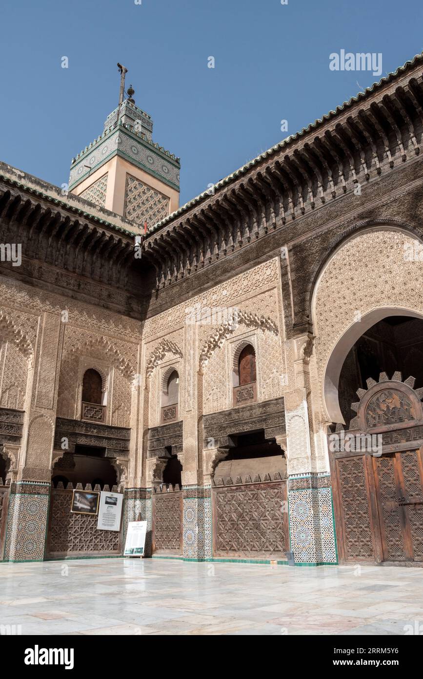 Fes, Morocco, Traditional oriental facade at the courtyard of madrasa ...
