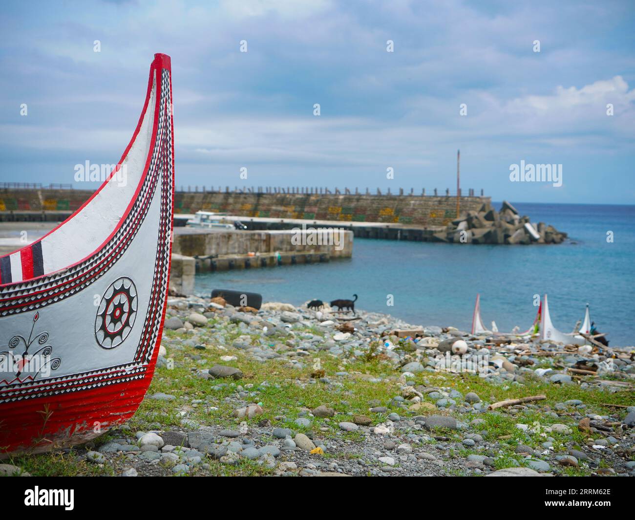 Boats with sacred colours of red, white and black representing Tao ...