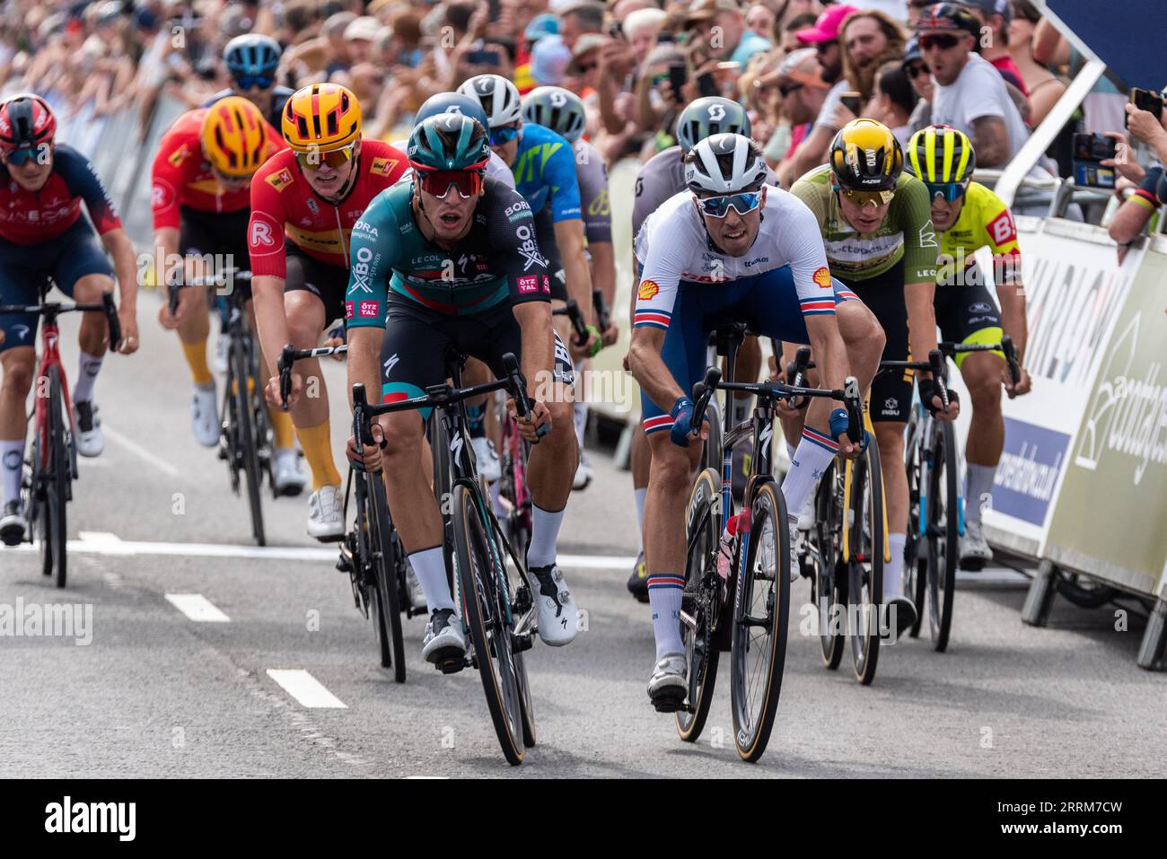 Sprint finish at the Tour of Britain cycle race Stage 6 at the finish ...