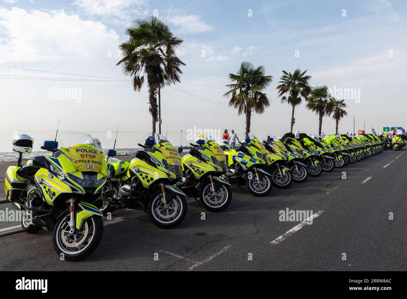Police motorcycles lined up at the Tour of Britain cycle race Stage 6 ...
