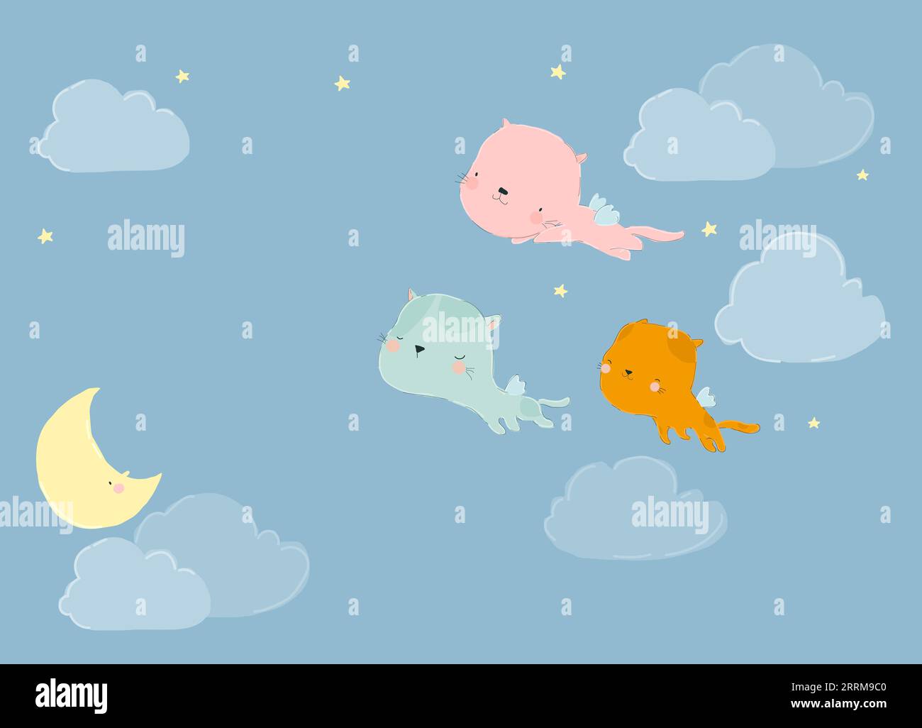 Cute Cartoon Cats flying on the Sky.Pet Cartoon Hand Drawn Stock Vector ...