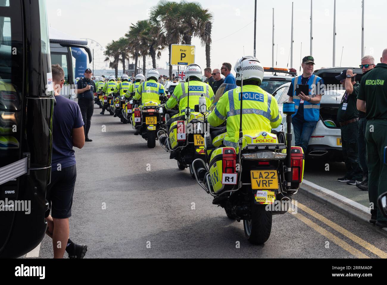 Police motorcycle riders arriving to provide a rolling road block at ...
