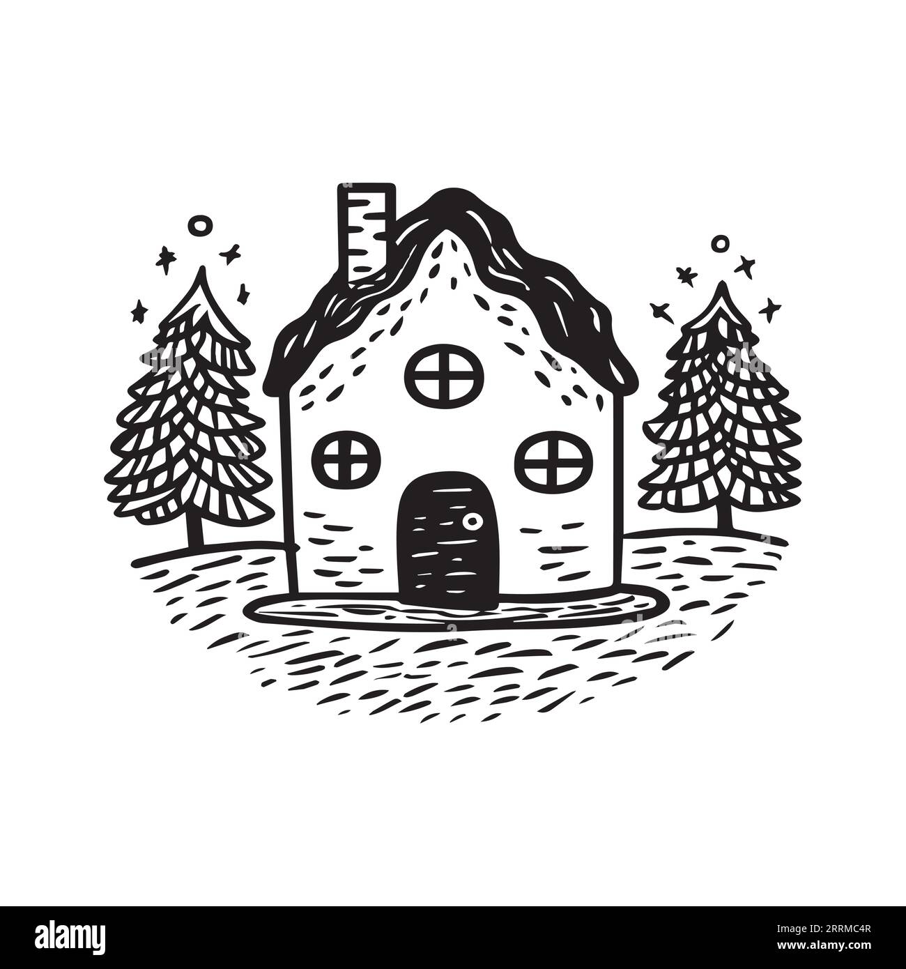 Quirky rural cabin holiday home vector illustration. Block print real ...