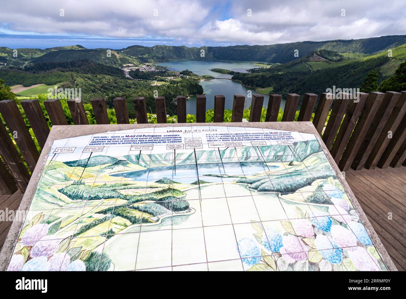 A tourist map points out the sites of the twin lakes of Sete Cidades ...