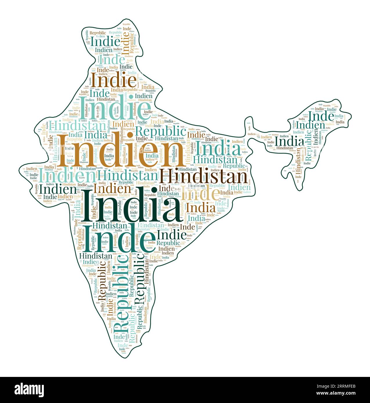 India shape filled with country name in many languages. India map in ...