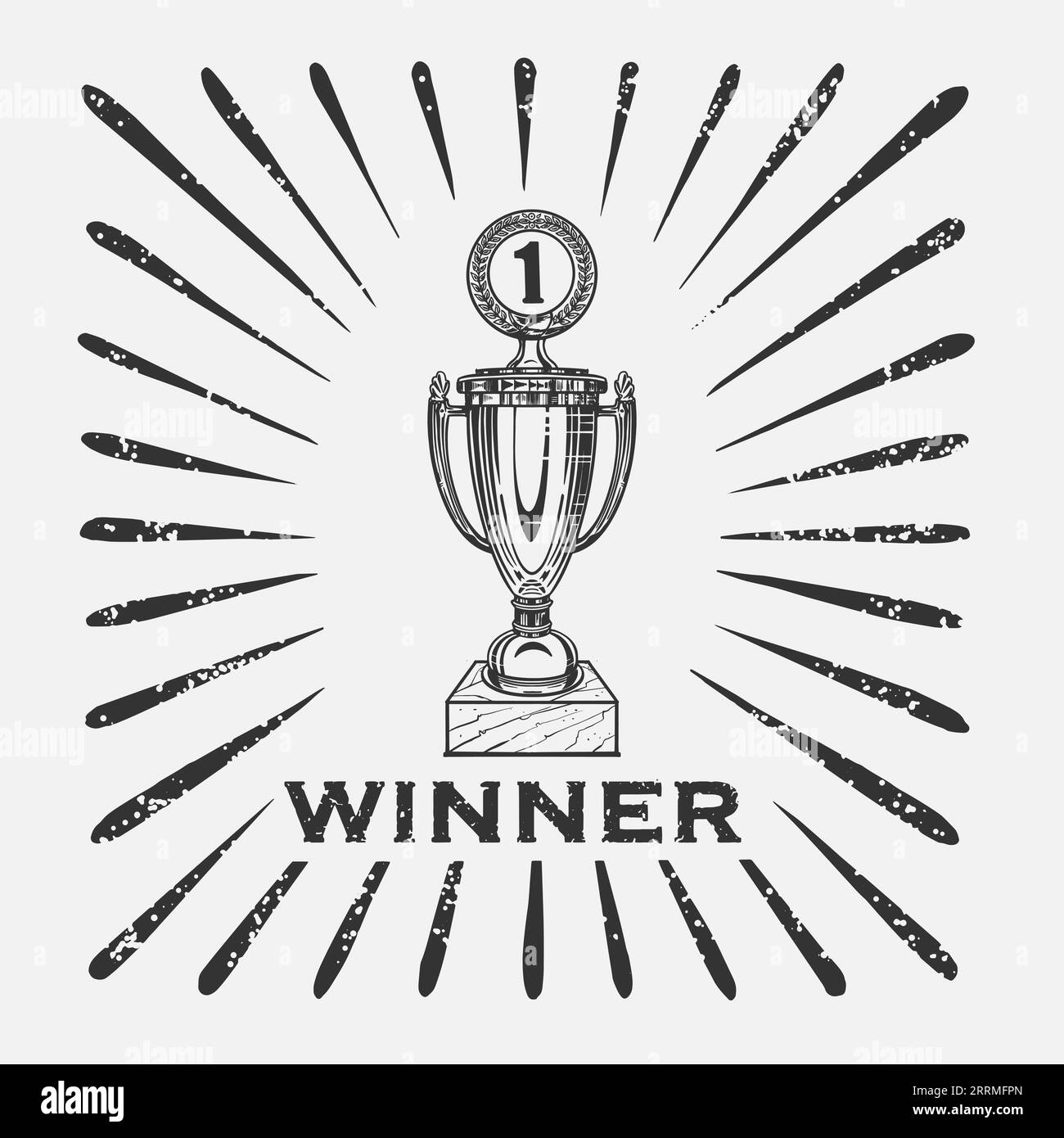 Winner cup sketch in ink on a white background with rays of glory and ...