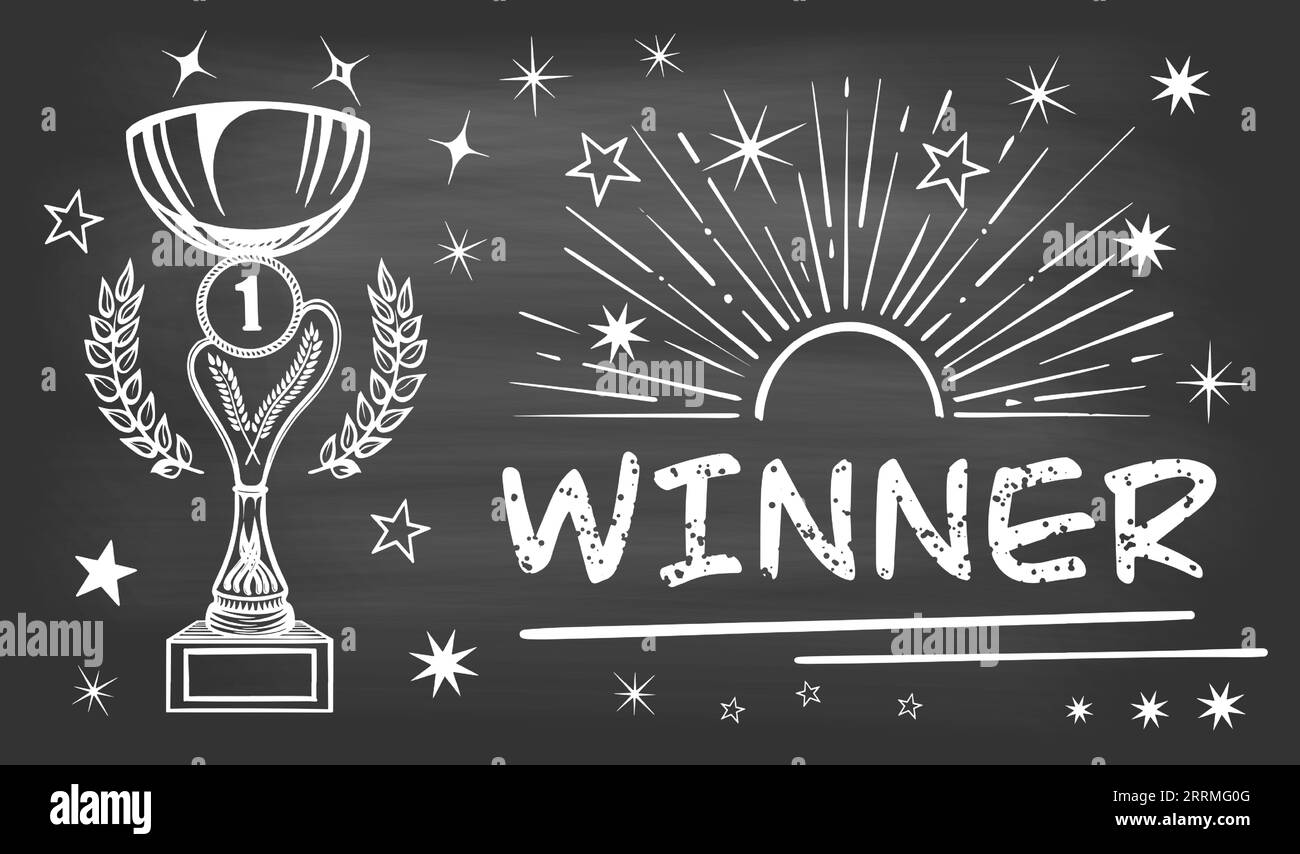 Poster with winner s cup, wreath, stars and rays of glory. Against the ...