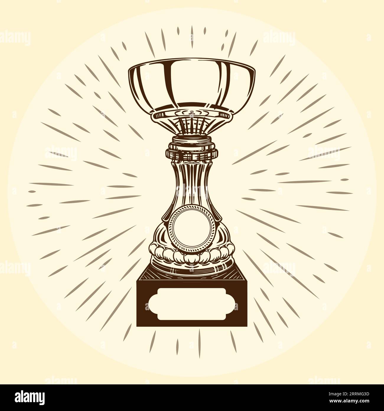 Winner cup sketch in brown ink on a beige background with rays of glory ...