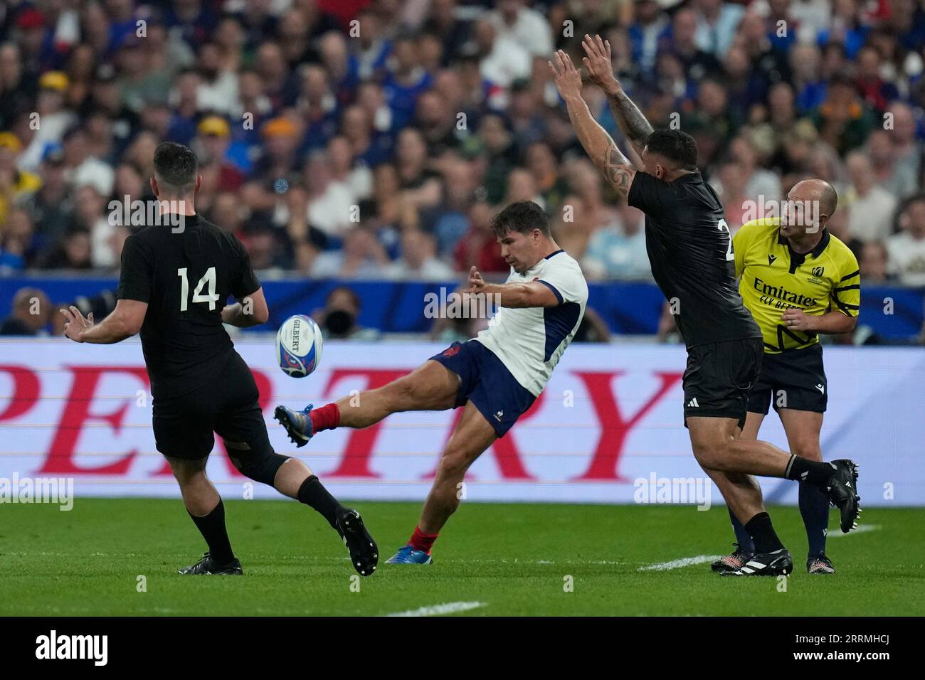 France's Antoine Dupont kicks the ball during the Rugby World Cup Pool ...
