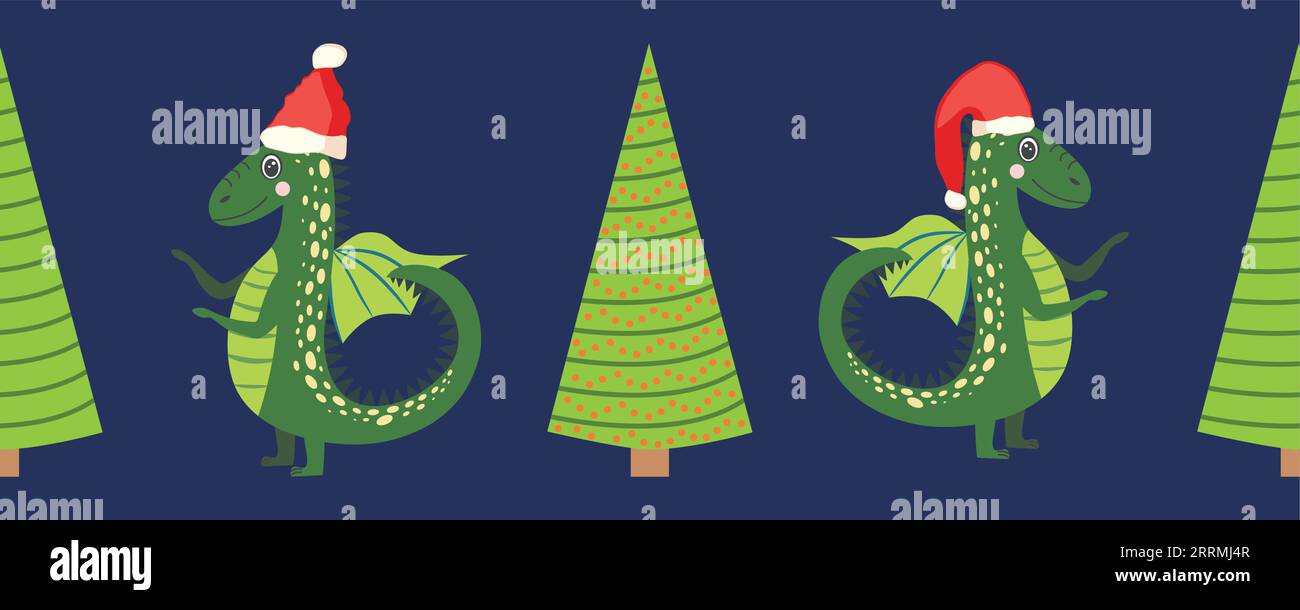 Seamless pattern with cute Christmas dragons, horizontal banner ...