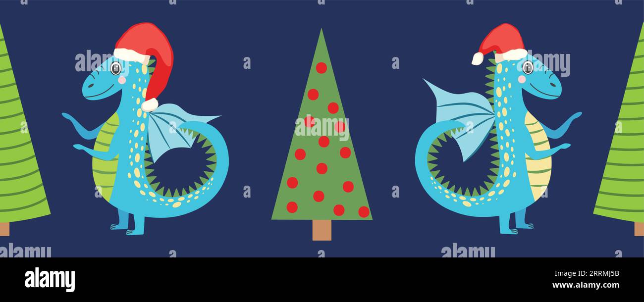 Seamless pattern with cute Christmas dragons, horizontal banner ...