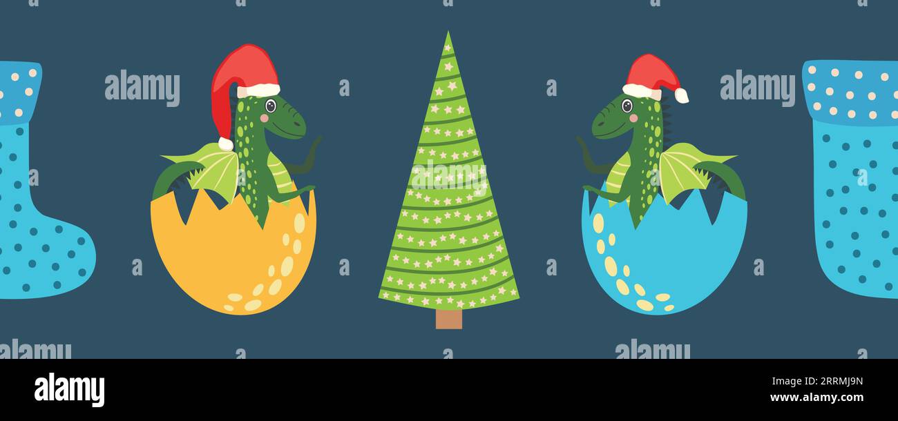 Seamless pattern with cute Christmas dragons, horizontal banner ...