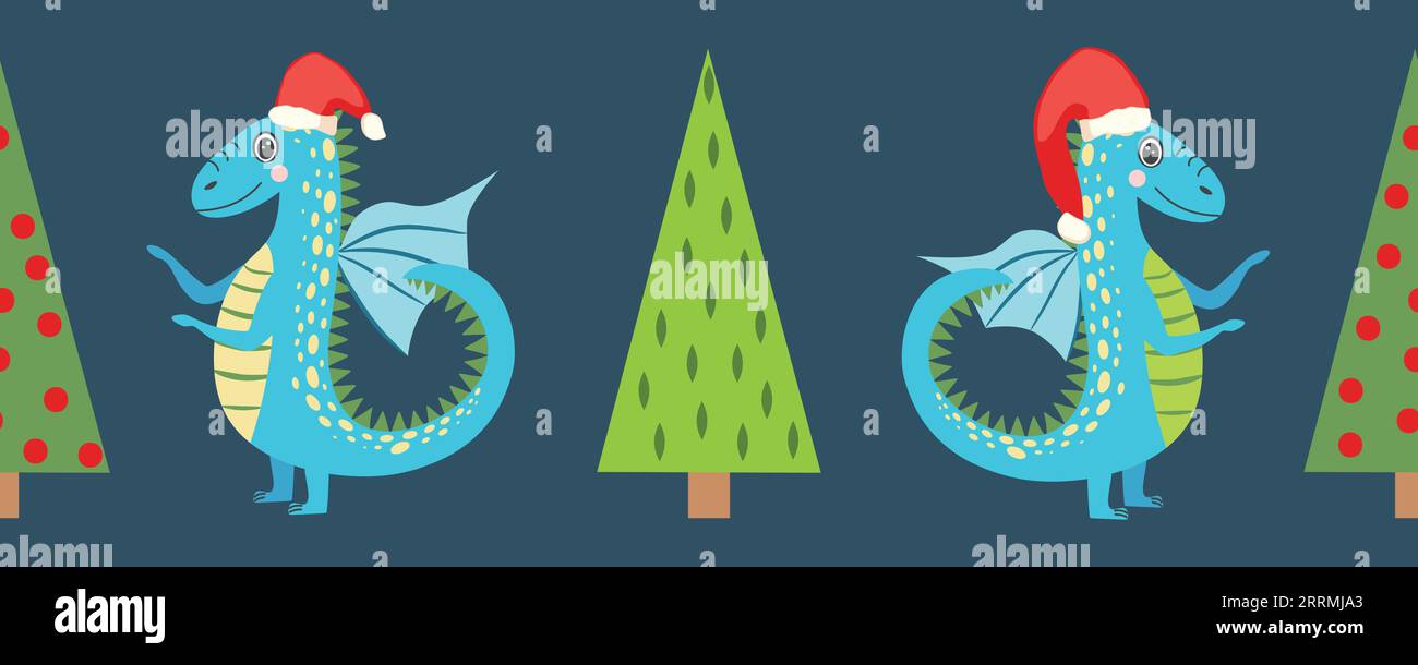 Seamless pattern with cute Christmas dragons, horizontal banner ...