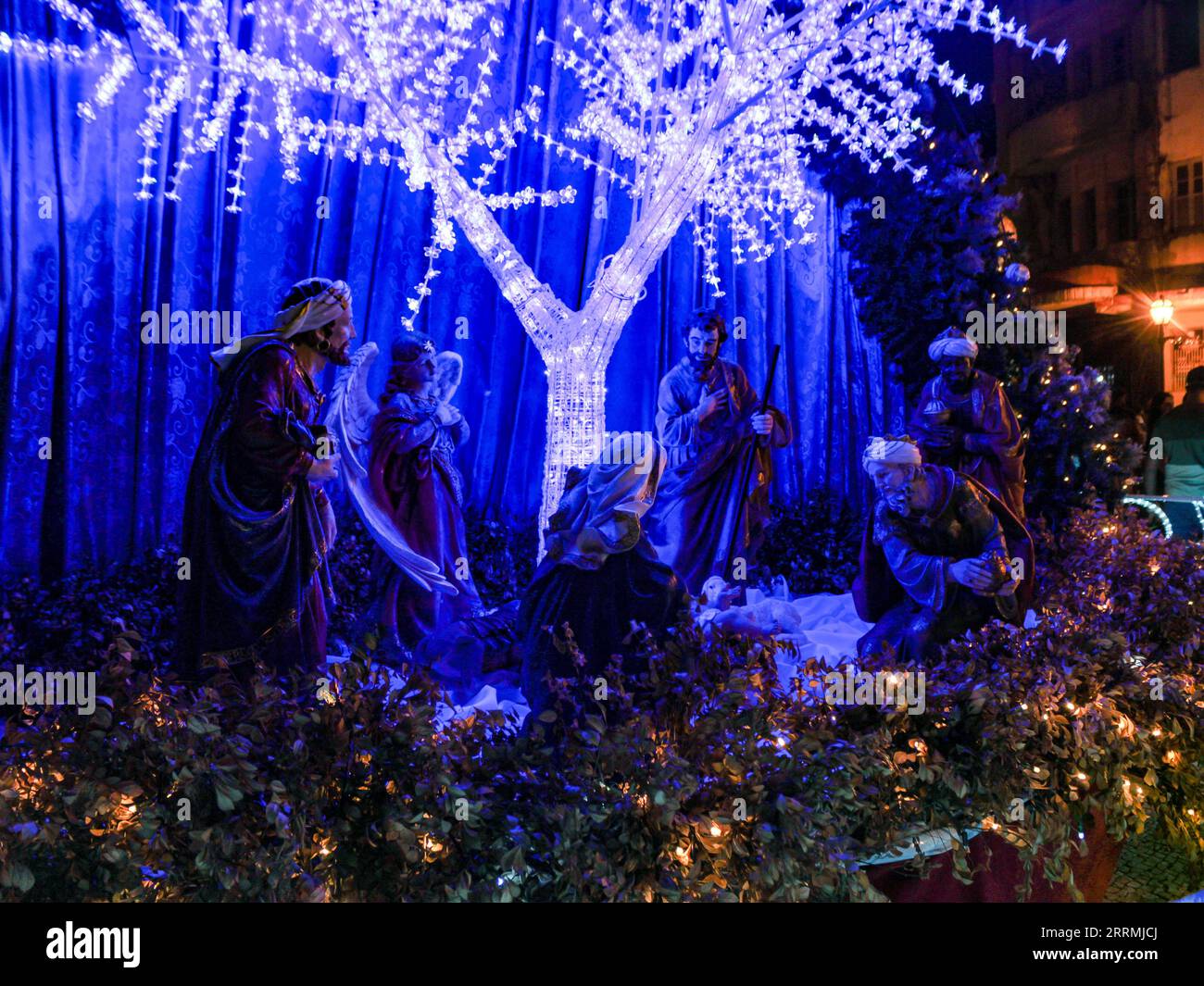 Scene of the birth of Jesus, detail of the illuminated nativity scene ...