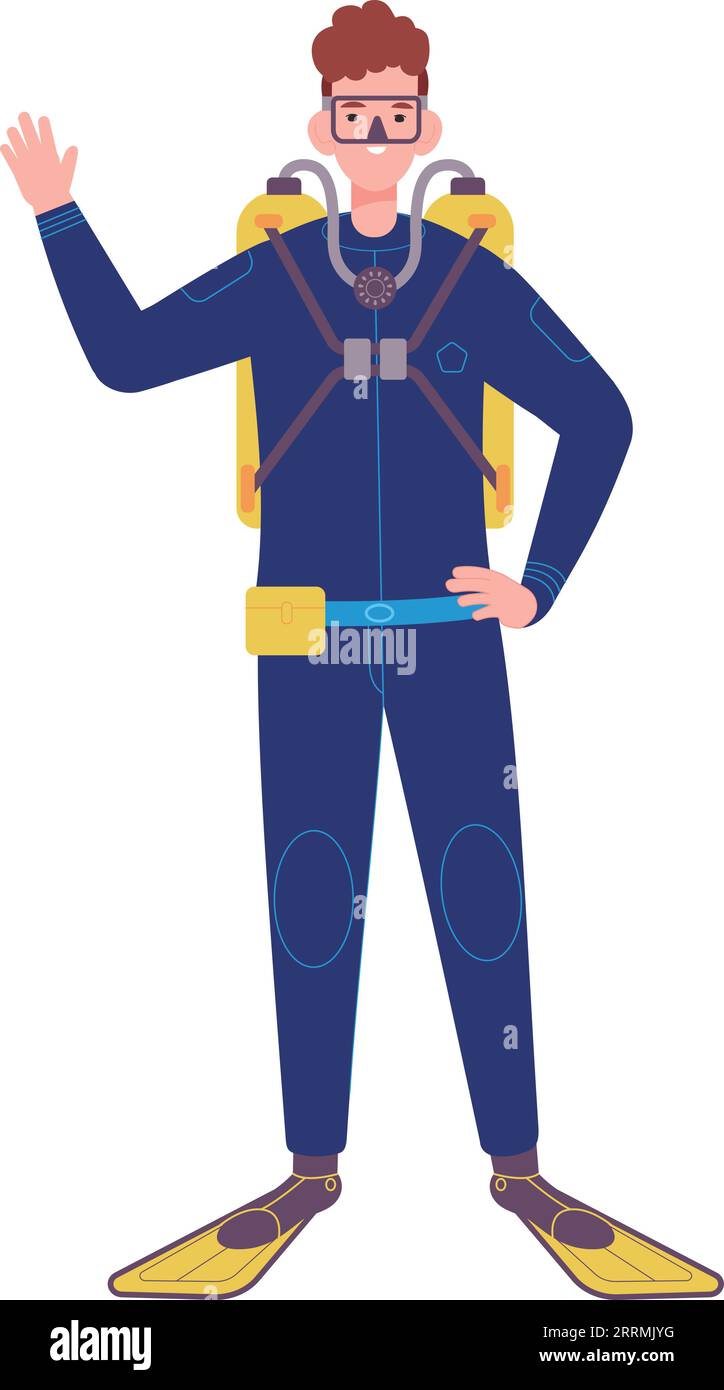 Smiling scuba diver character. Happy man standing isolated on white ...