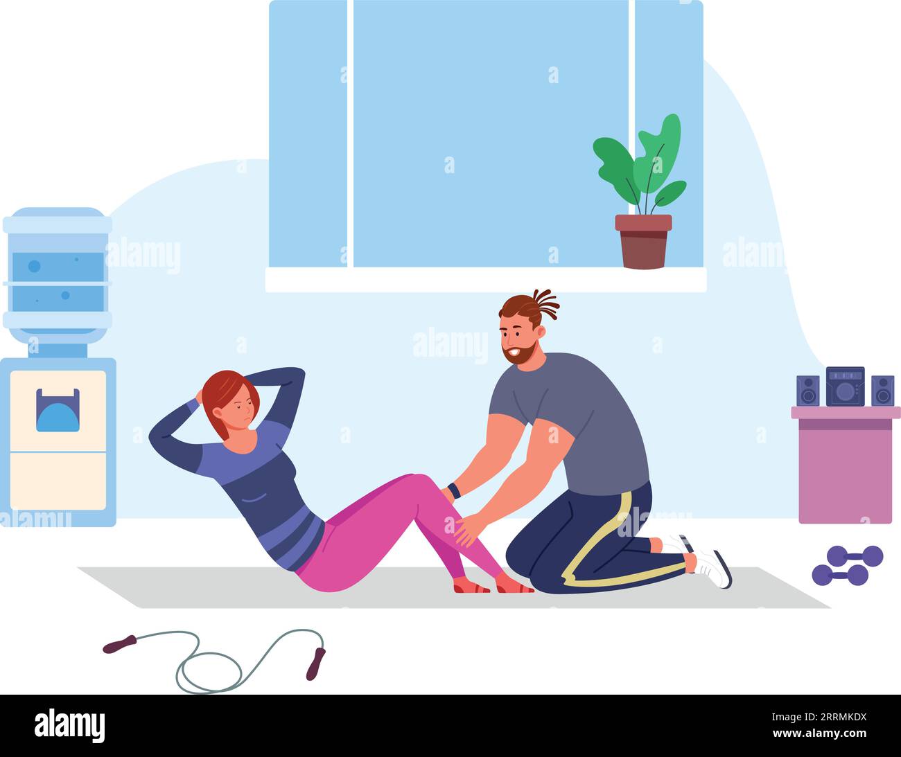 Man helping woman make abs exercise training isolated on white background Stock Vector Image ...