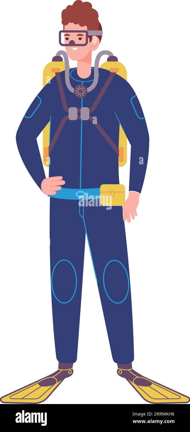 Man in deep swimming equipment. Scuba diver character isolated on white ...