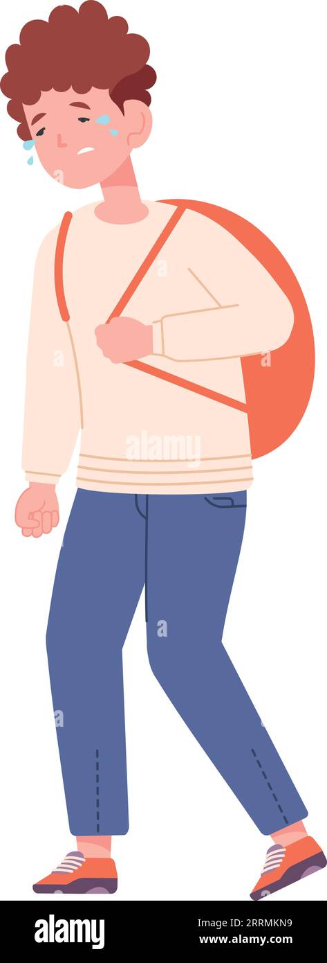 Crying school boy. Sad kid walking with backpack isolated on white ...