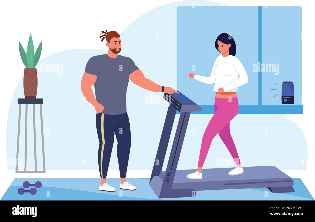 Woman running on treadmill with personal fitness couch isolated on ...