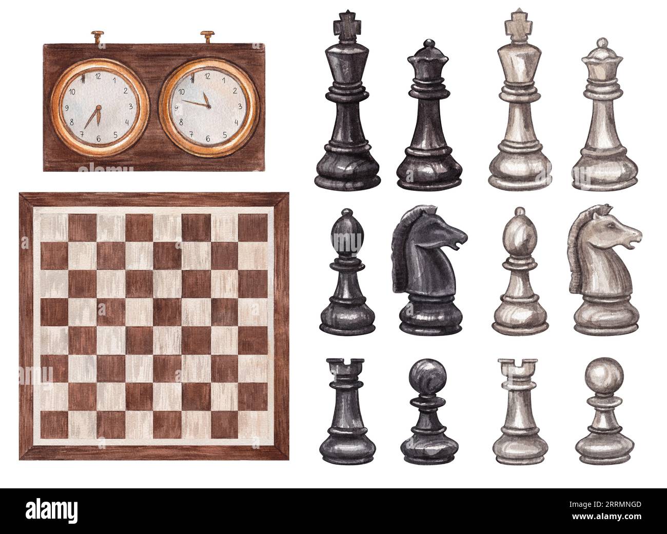 Set of chess and board. Watercolor hand drawn illustration of chess ...