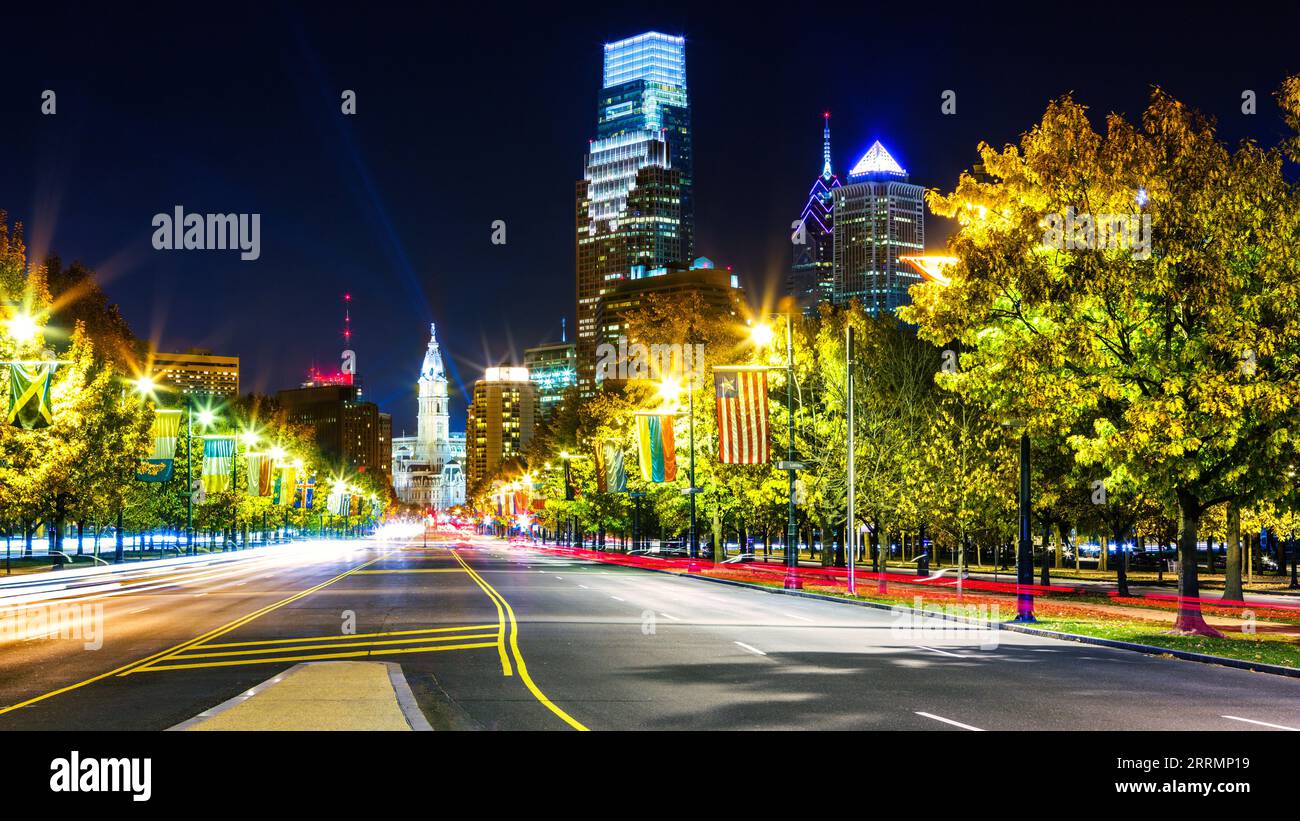 Philadelphia cityscape panorama by night Stock Photo - Alamy