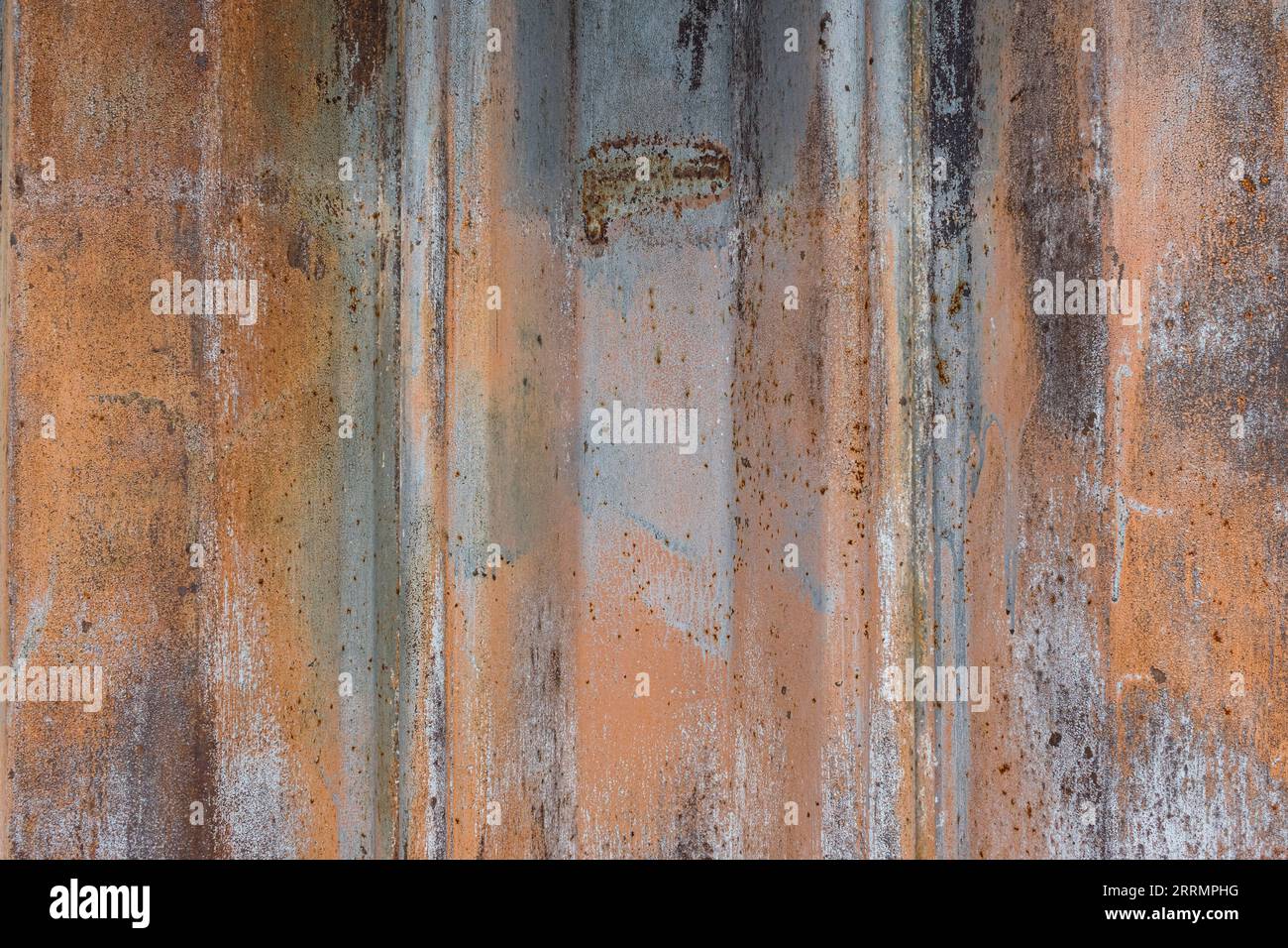 Steel metal wall with various stages of rusting and paint decomposition ...