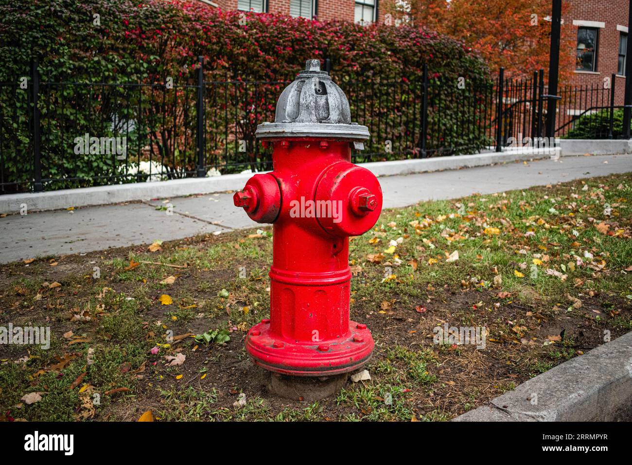 Silver-topped traditional red American style fire hydrant outside a ...