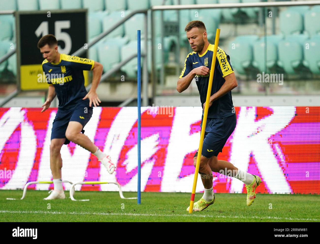 Ukraine's Andriy Yarmolenko (right) during a training session at the ...