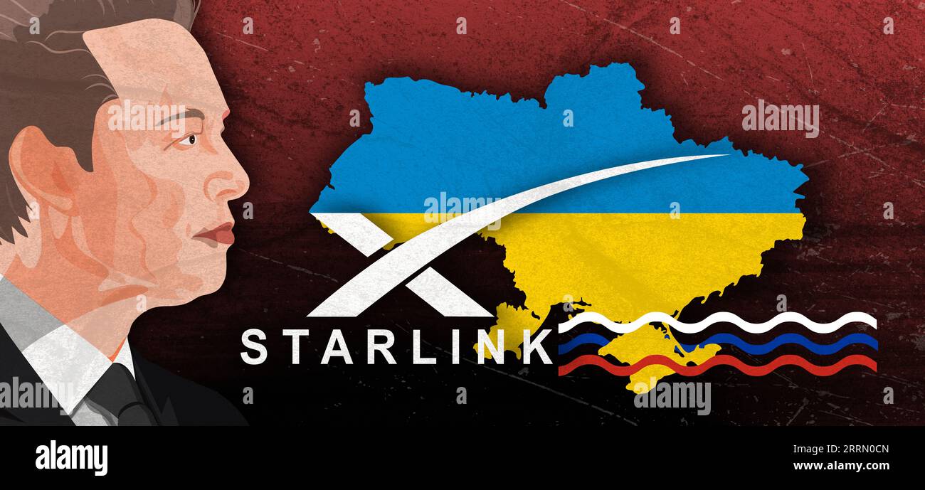 Portrait Elon Musk, Starlink logo and map of Ukraine on the background ...